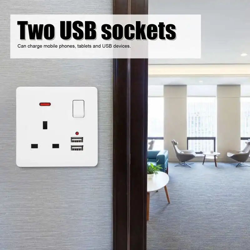 Wall Plug Socket Switch 13A With 2 USB Charging Ports Wall Outlet Home ...