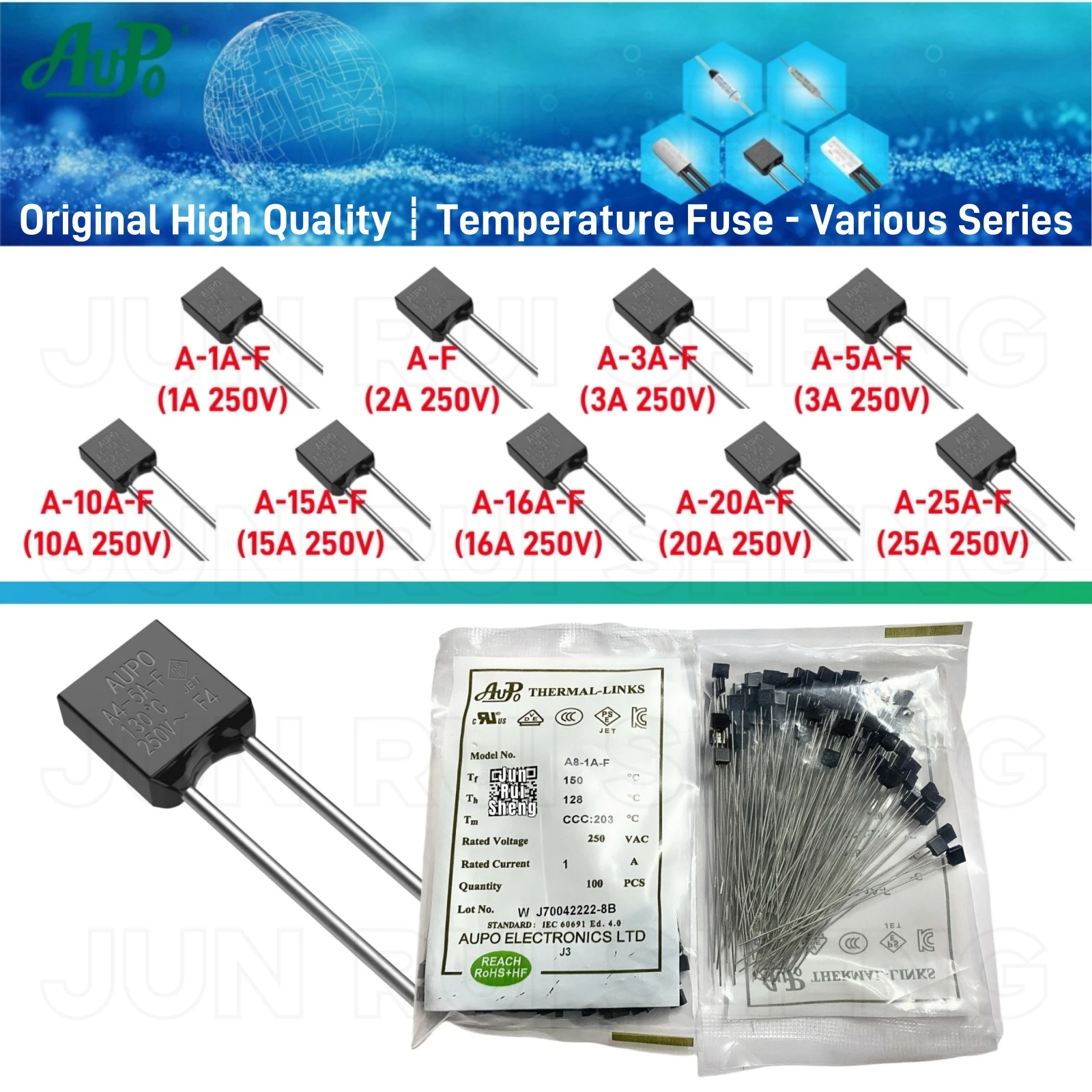 AUPO Thermal Fuse 1/2A 3A 5A 10A 15A 250V Temperature 84C 102C 115C ...