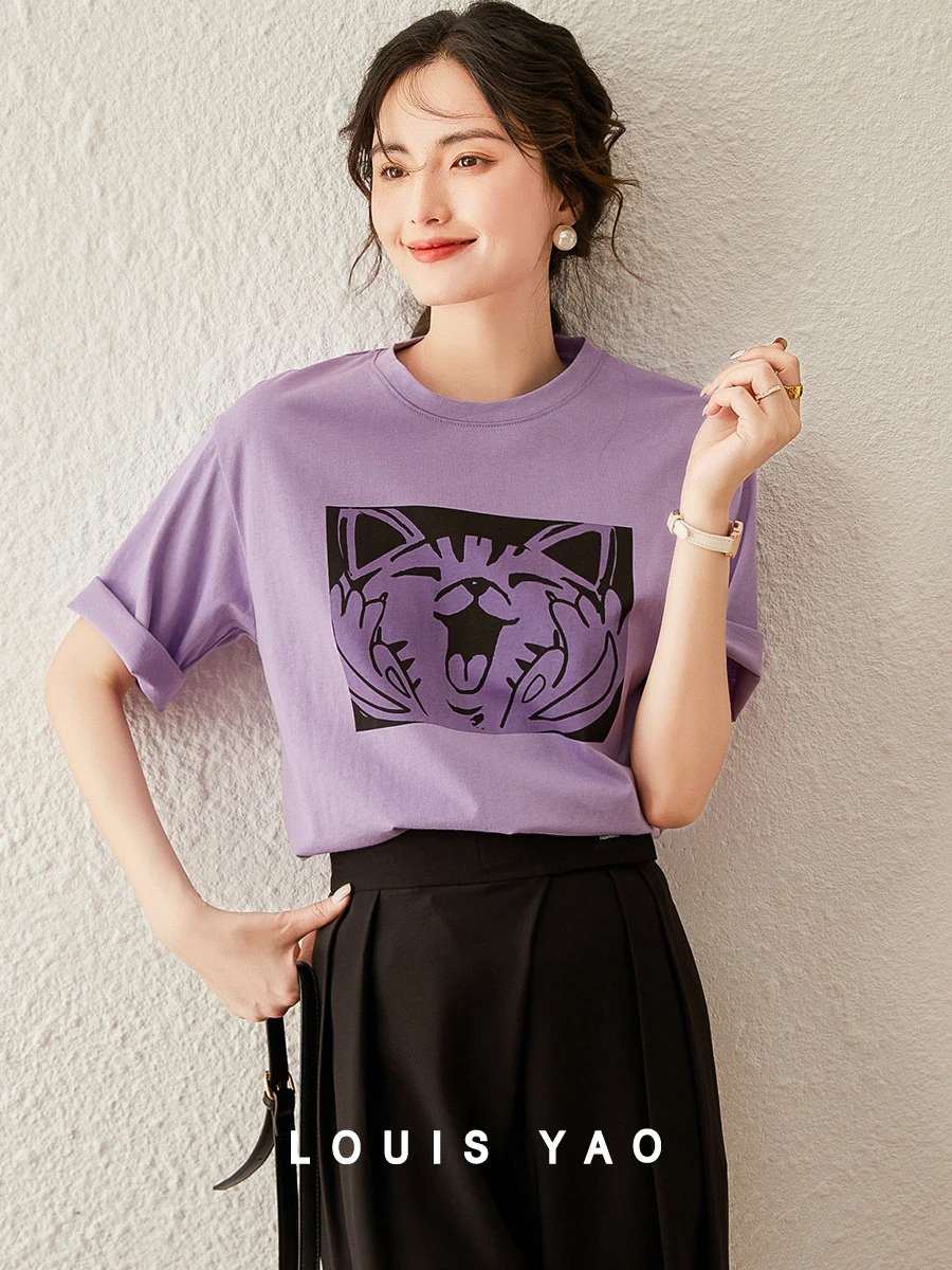 LOUIS-YAO-Women-T-shirt-2024-Summer-New-Round-Neck-Short-Sleeve-Print ...