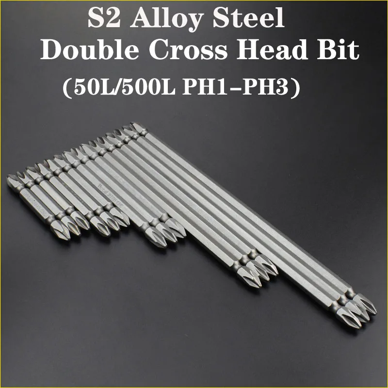50L/500L Double Cross Screwdriver Magnetic Bit 1/4inch Shank S2 Cross ...
