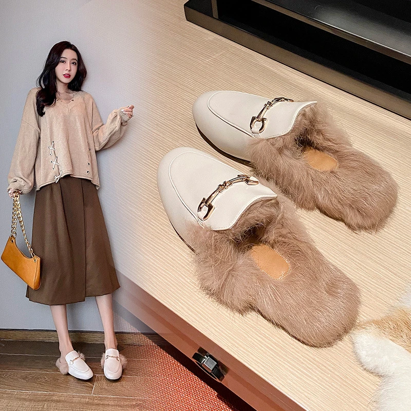 Half Slipper Fur Women Shoes | Rabbit Fur Mueller Shoes | Women Rabbit ...