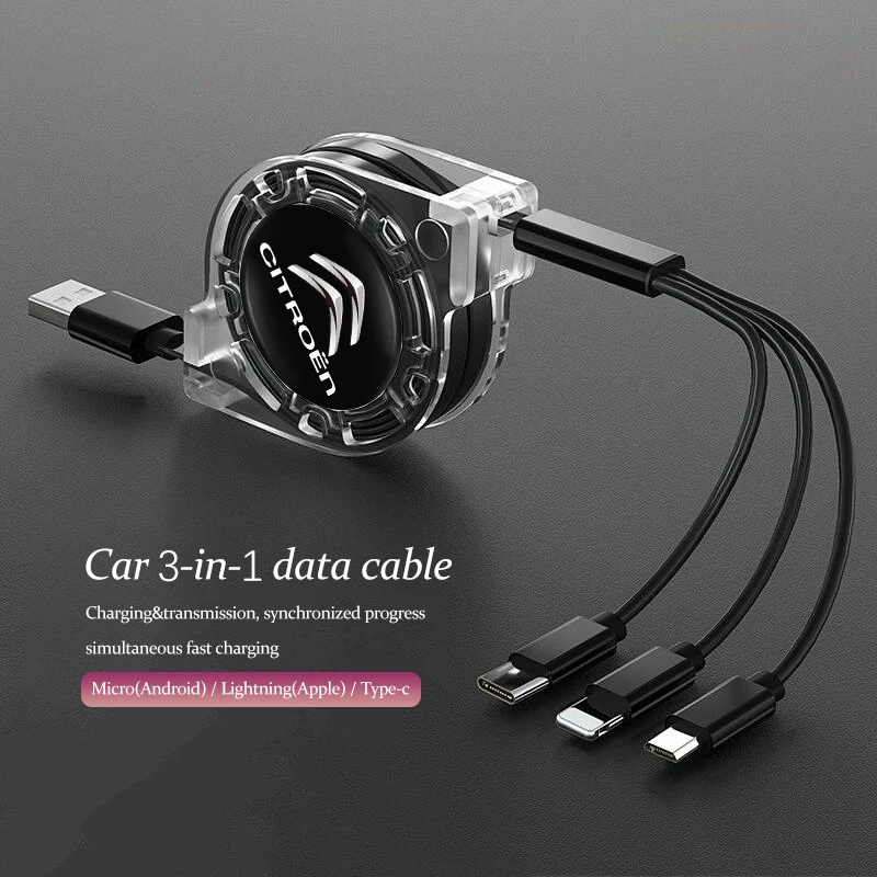Car 3 In 1 USB Type-C Ports Fast Charger Power Data Cable For Citroen ...