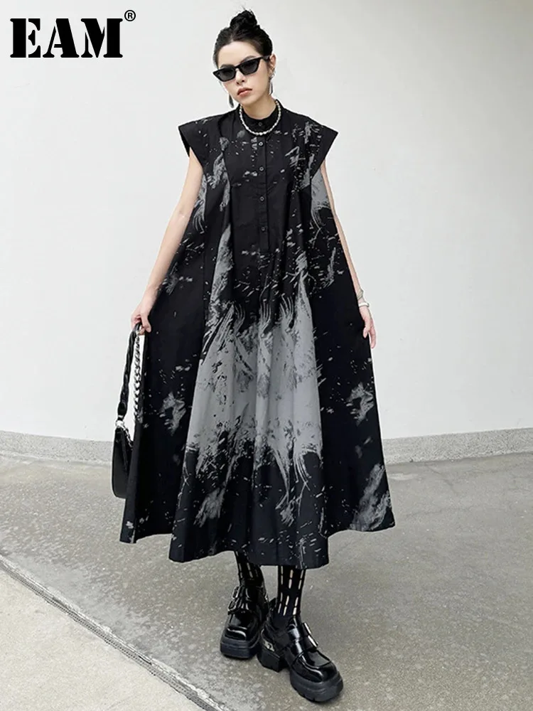 EAM-Women-Black-Pattern-Printed-Big-Size-Midi-Shirt-Dress-New-Stand ...