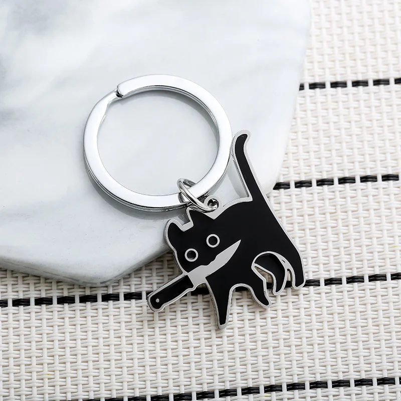 Cute-Cartoon-Cat-Keychain-Stainless-Steel-Black-Kitten-Key-Chains ...