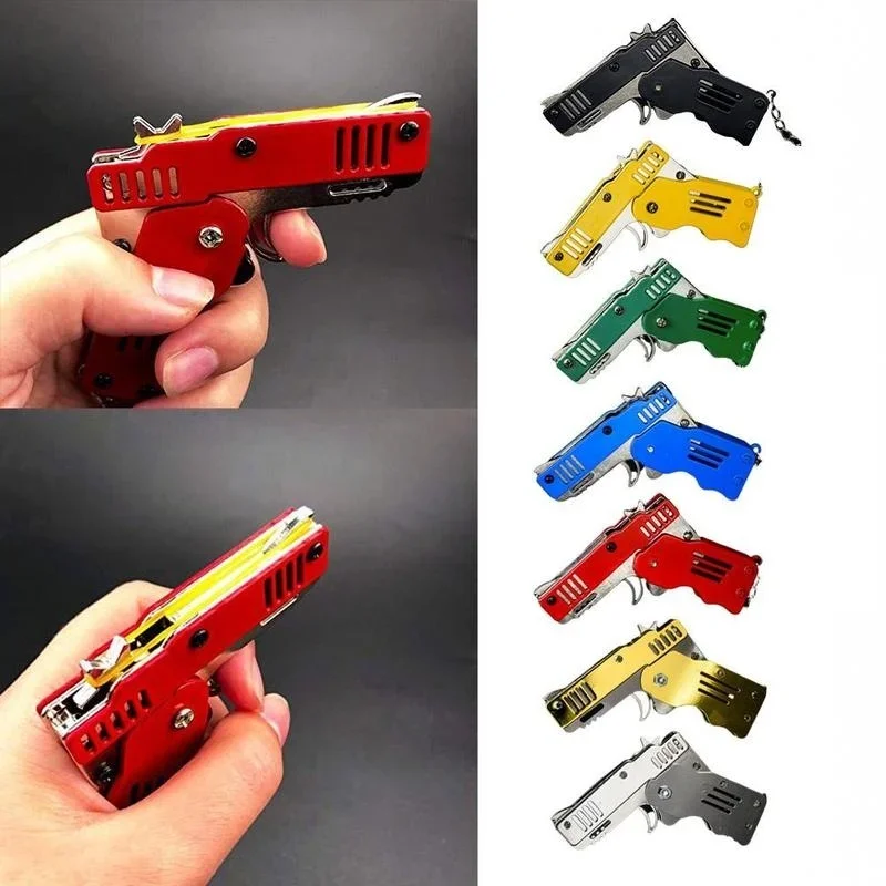 Rubber-Band-Gun-Toy-Mini-Metal-Folding-Keychains-with-100-Pcs-Rubber ...
