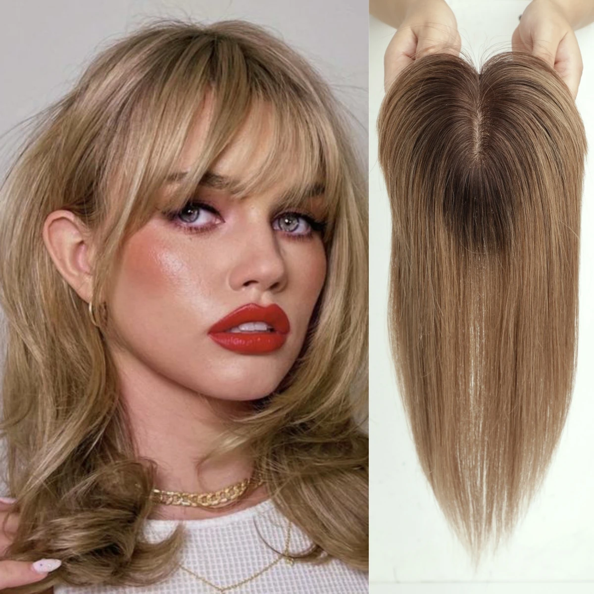 Straight-Ombre-Brown-100-Remy-Human-Hair-Toppers-Wigs-with-Bangs-Silk ...