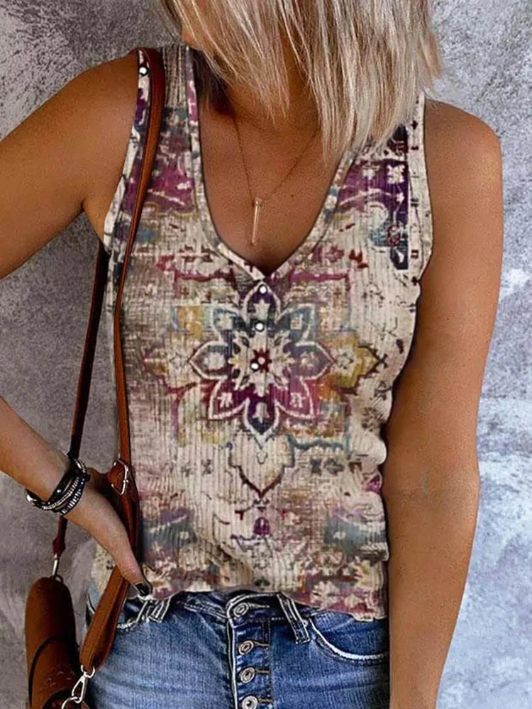 Ethnic Floral Tank Tops Women V Neck Summer Casual Sleeveless Shirts ...