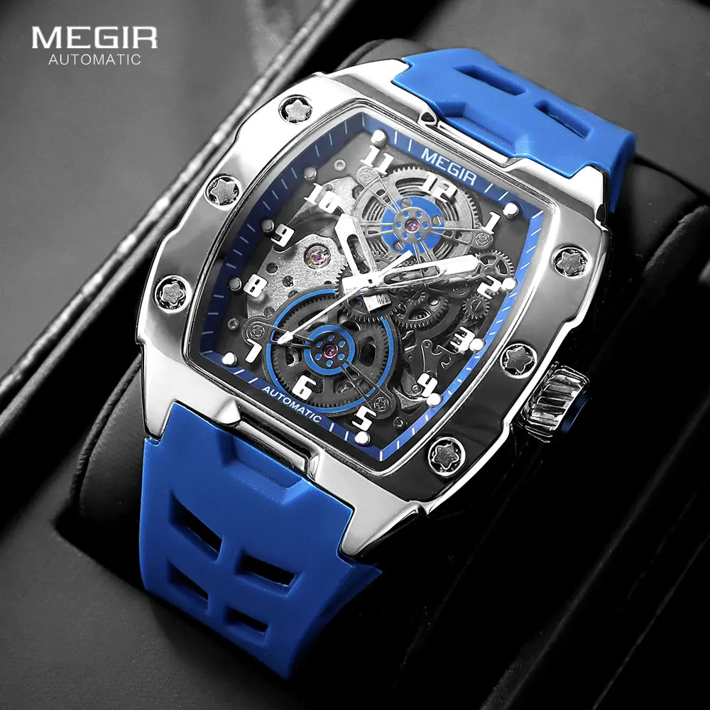 MEGIR-Blue-Mechanical-Watch-for-Men-Tonneau-Hollow-Dial-Sport ...