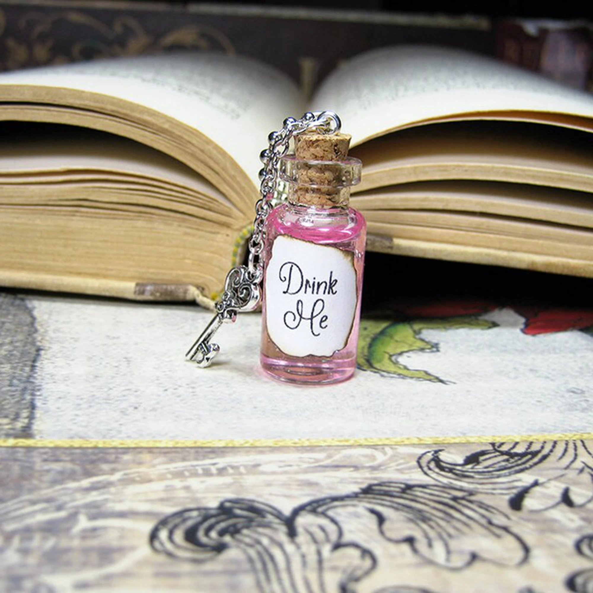Drink Me 2ml Glass Bottle Necklace Alice in Wonderland Vial Pendant Glitter Sparkle Fantasy ...