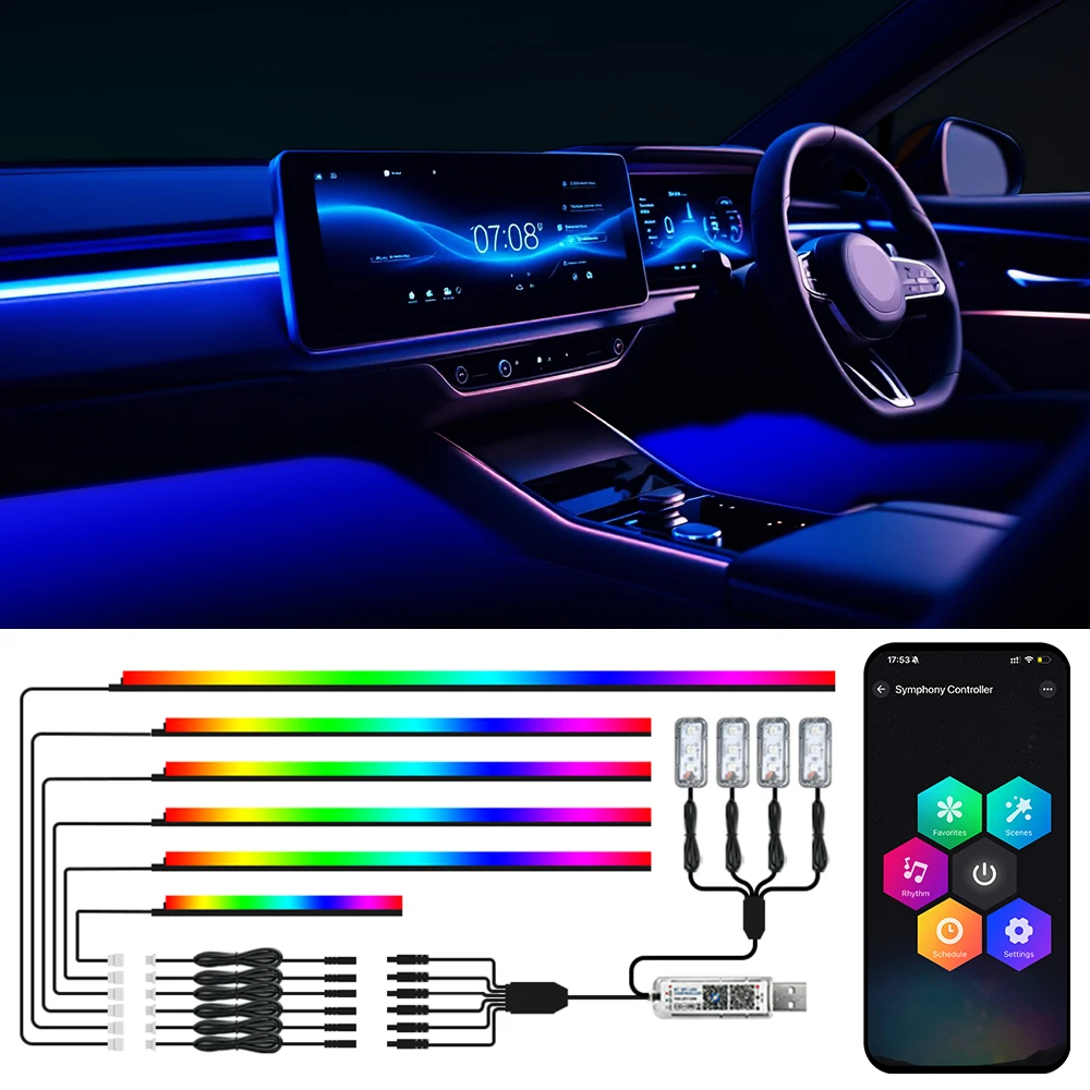 RGB Interior Car Lights – Wireless APP Control, 6-in-1 EL Wire Ambient ...