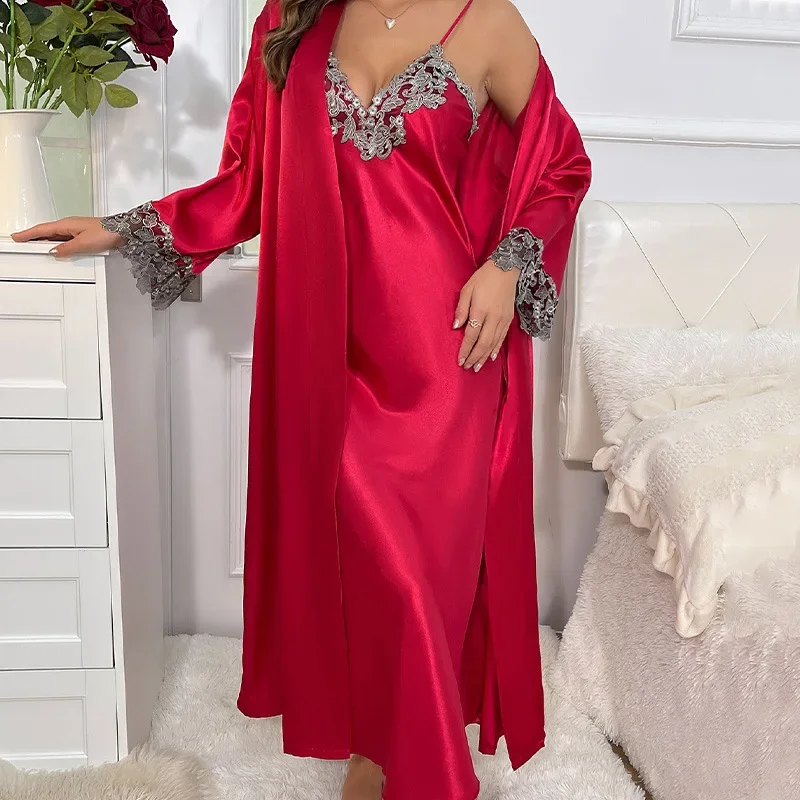 Lace-Trim-Silk-Satin-Women-Bathrobe-Sleeveless-V-Neck-Nightgown-2-Piece ...