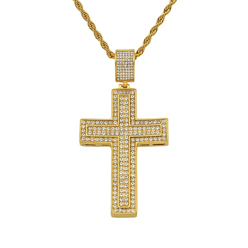 Hip-Hop-Bling-Iced-Out-Gold-Color-Stainless-Steel-Double-Cross-Pendants ...