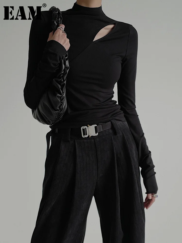 EAM-Women-Black-Cut-out-Slim-High-Elastic-Casual-T-shirt-New-Turtleneck ...