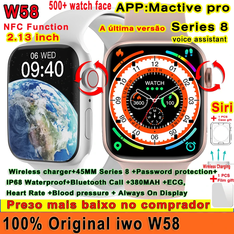 원래 IWO 18 iwo W58 스마트 워치 남자 2.13 시리즈 8 ECG NFC Siri 블루투스 통화 무선 IP68 방수 ...