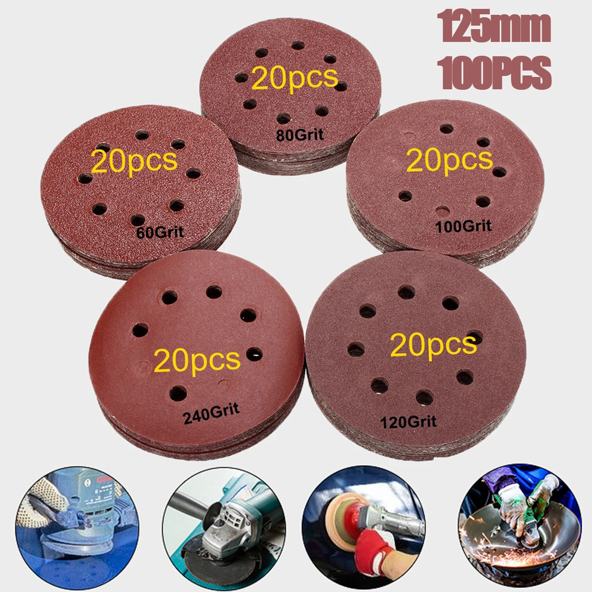 100pcs 125mm 60 80 100 120 240 Grit Round Shape Sanding Discs 8 Hole ...