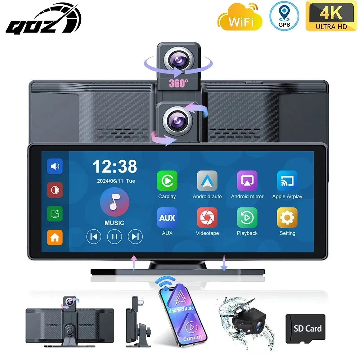 QOZ-10-26-Car-Intelligent-Screen-with-4K-360-Rotation-Dash-Cam-Wireless ...