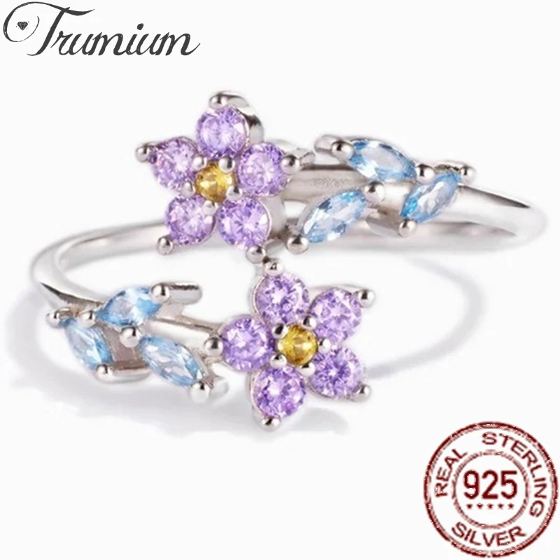 Trumium-925-Sterling-Silver-Female-Purple-Flower-Crystal-Ring-Blue ...
