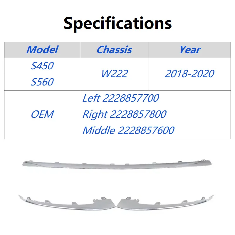프론트 범퍼 크롬 몰딩 트림 스트립, 2018-2020 W222 메르세데스 벤츠 S450 S560 용, 2228857600 ...