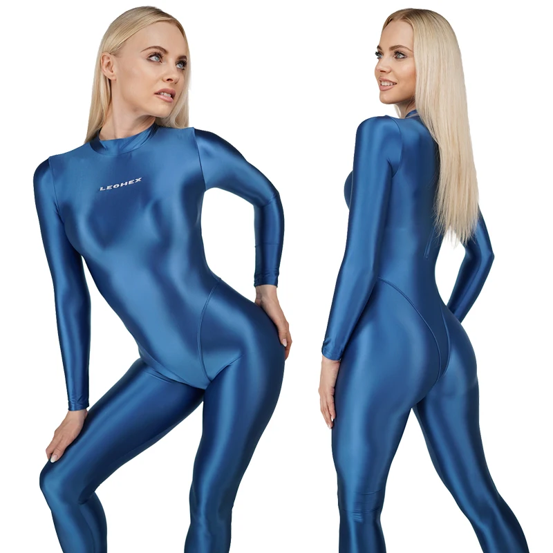 LEOHEX gloss Women One Piece Skin Bodysuit Cosplay Catsuit Jumpsuits ...
