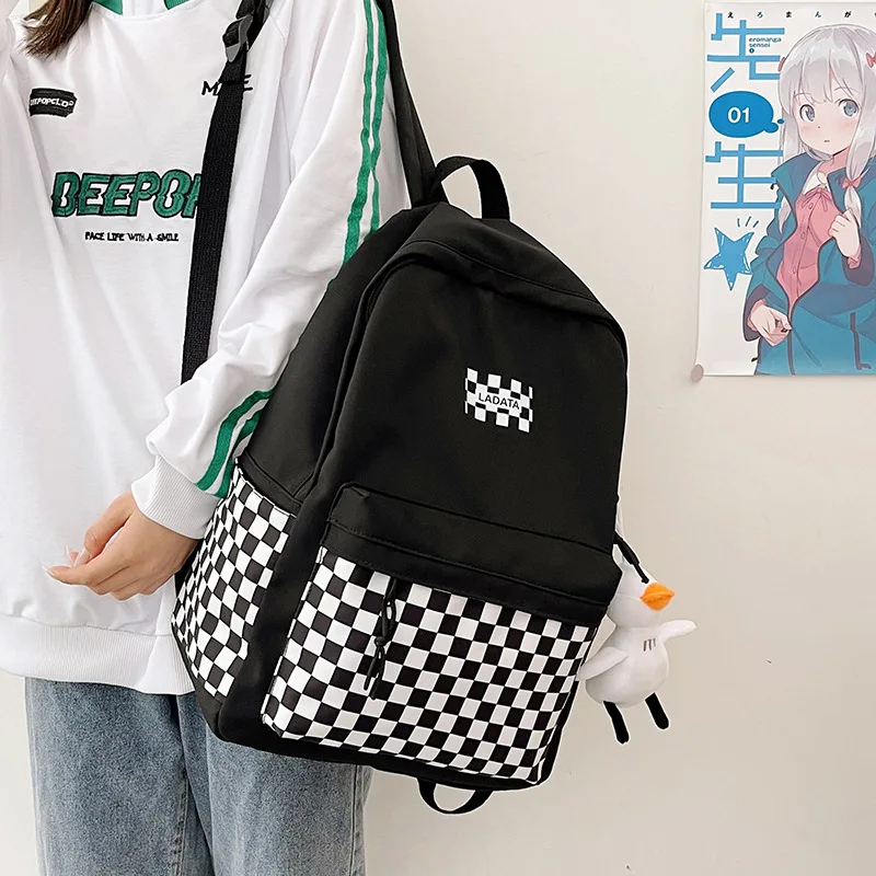 Schoolbag Female Korean ins Literary Trend Chessboard Checker Double ...