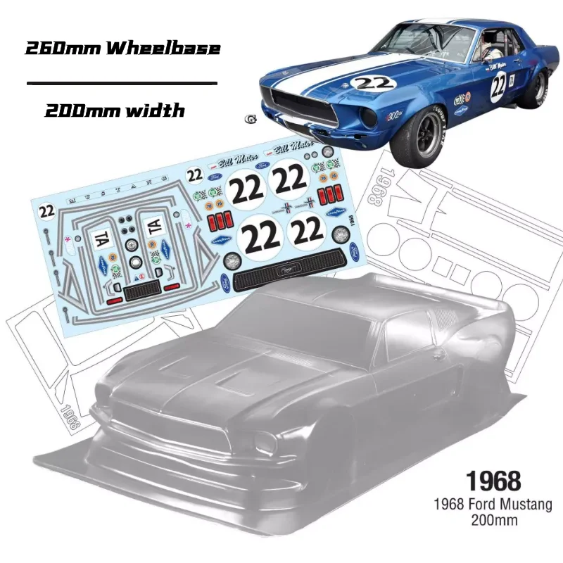 1/10 RC PC shell body Mustang 1968 pony car no paint clean shell 200mm ...