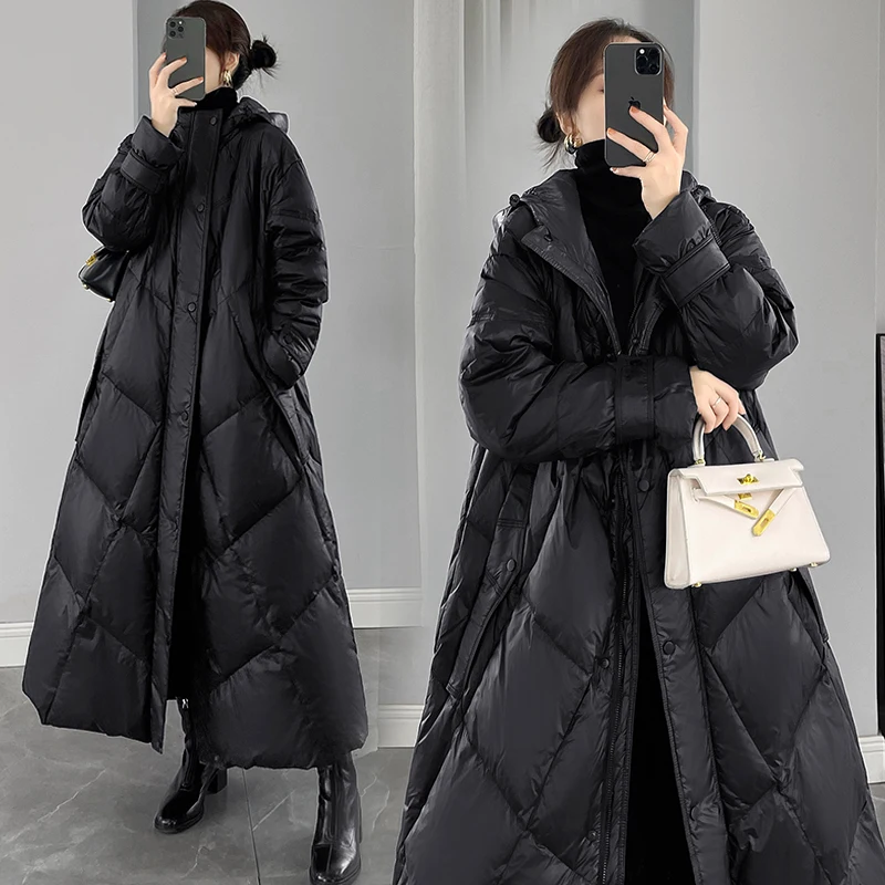 2022 Women's Winter Down Jacket Female Black Hooded 90 White Duck Down Long Coat Ladies Loose ...
