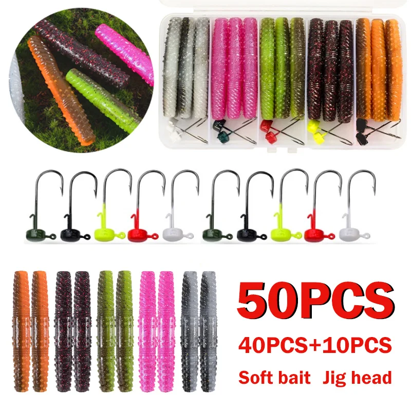 50pcs Fishing Ned Rig Bait Hook Set Insect Soft Bait Box Set Hook Head ...