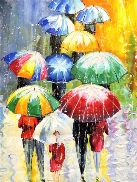 Watercolor Painting Rain Umbrellas Crowd