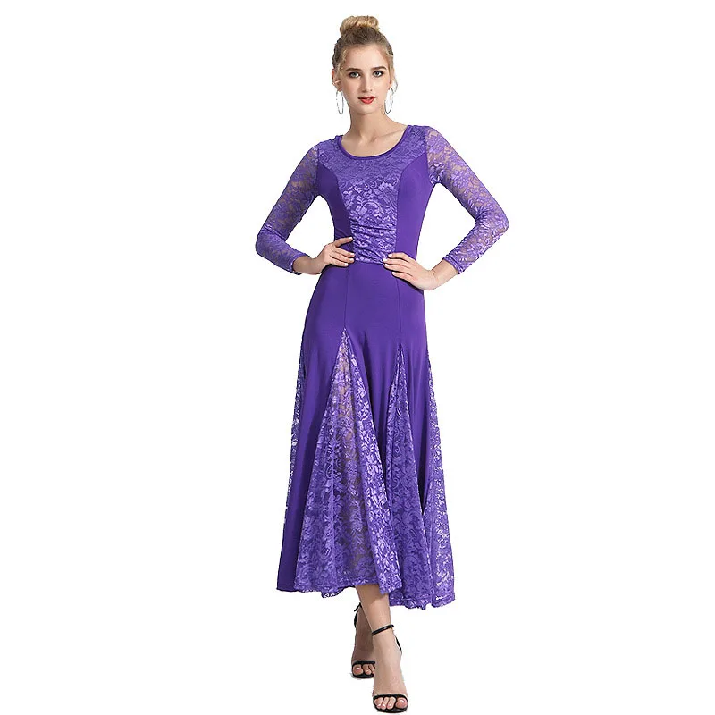New-Women-s-Dance-Outfit-Long-Dress-Lace-Sleeve-Tango-Ballroom-Waltz ...