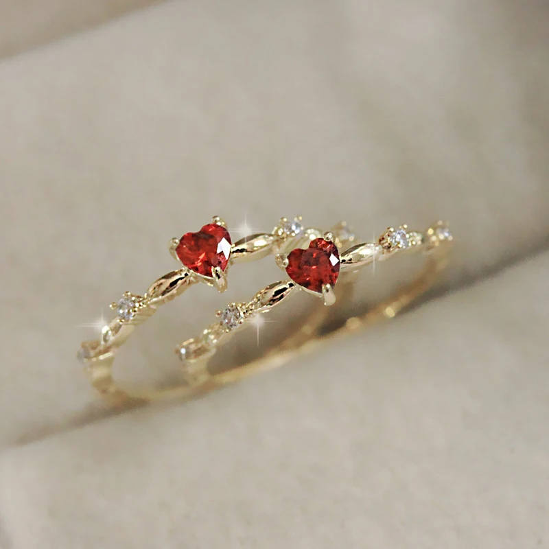 Gold Ring Red Heart | Jewelry Red Heart Ring | Red Zircon Ring Heart ...