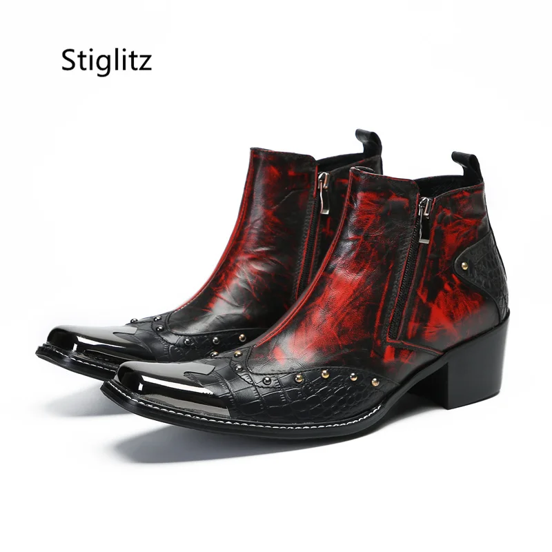 Red-Black-Patchwork-Men-s-Ankle-Boots-Metal-Toe-Zip-High-Heels-Genuine ...