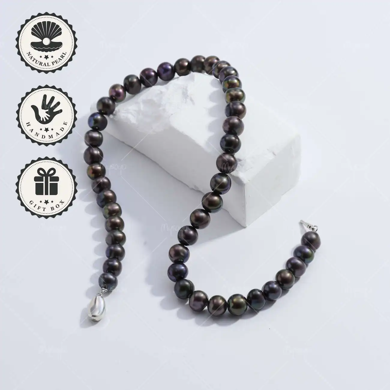 MYSOYA Iridescent Black Freshwater Pearl Necklace 8-9mm with Ingot ...