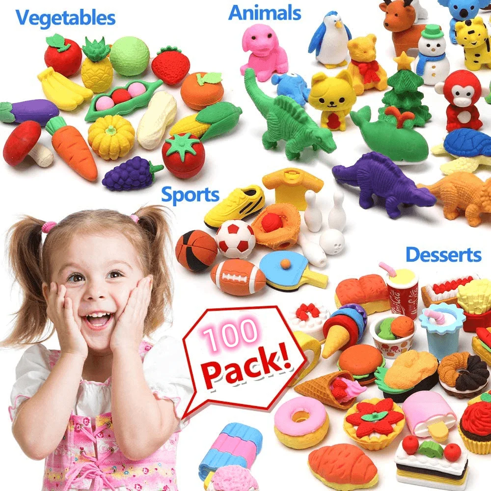 100pcs Cute Animal Pencil Erasers For Kids Birthday Party Favor ...