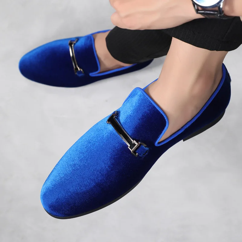 New Luxury Designer Fashion Pointed Black Blue Red Velvet Shoes Men ...