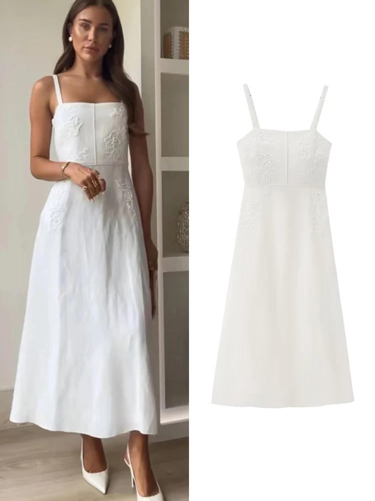 TRAF-elegante-vestido-Midi-bordado-para-mujer-traje-liso-con-cremallera ...