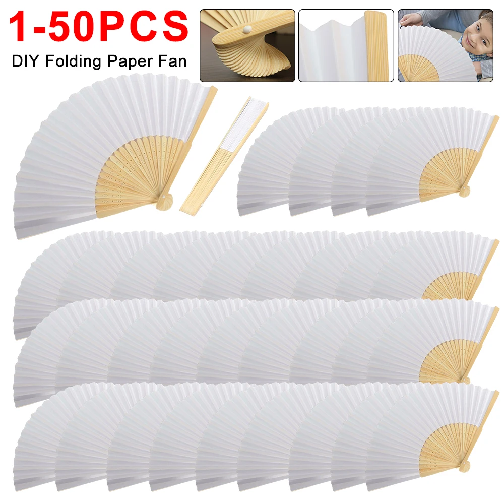 1-50PCS-DIY-Paper-Bamboo-Folding-Fan-White-Foldable-Paper-Fan-Portable ...