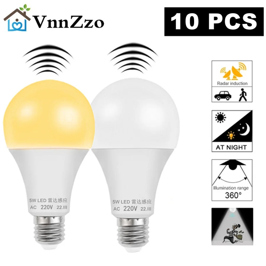 10Pcs E27 LED Radar Sensitive Light Bulb Auto On Off Smart Detection ...