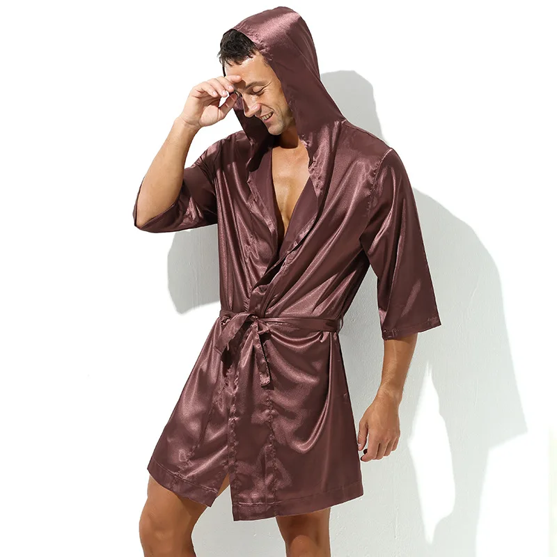 Male-Half-Sleeve-Bathrobe-Gown-Hooded-Robe-Silk-Satin-Kimono-Sleepwear ...