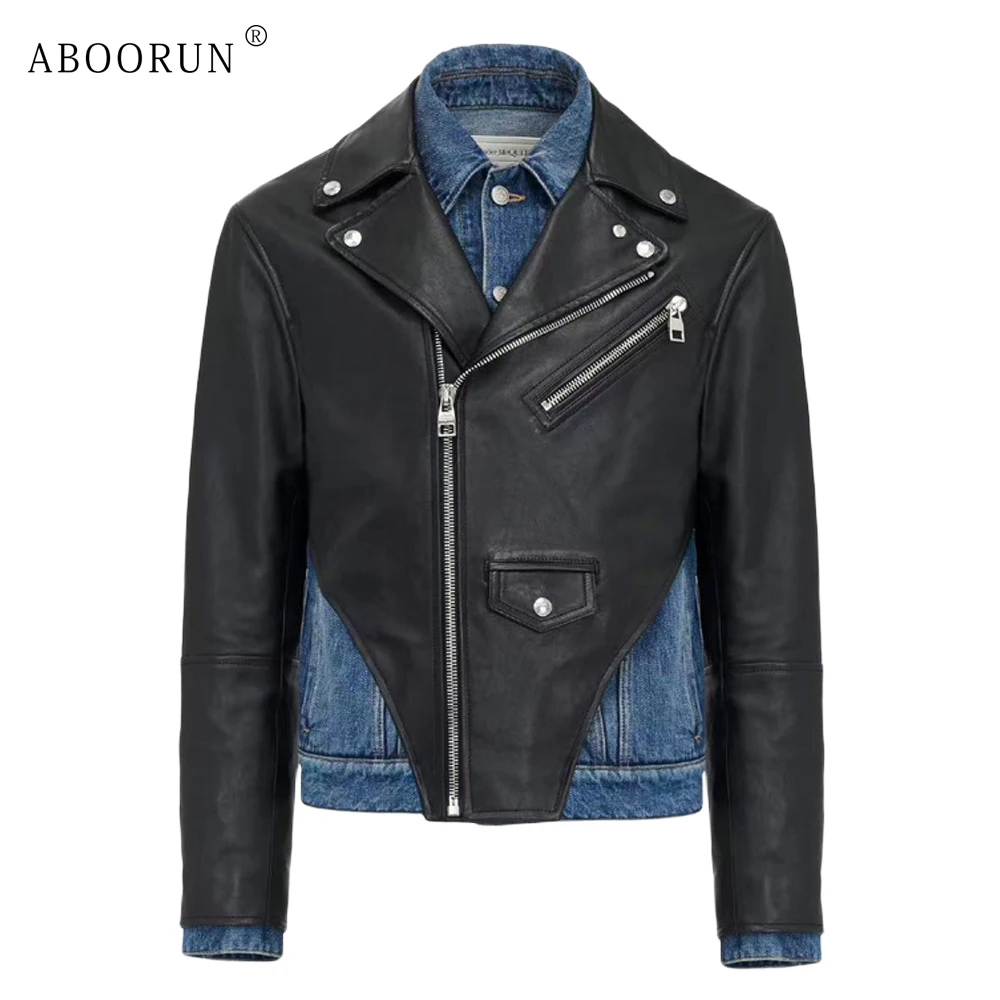 ABOORUN-Men-s-Fashion-Motorcycle-Leather-Jackets-Denim-Patchwork-Fake ...