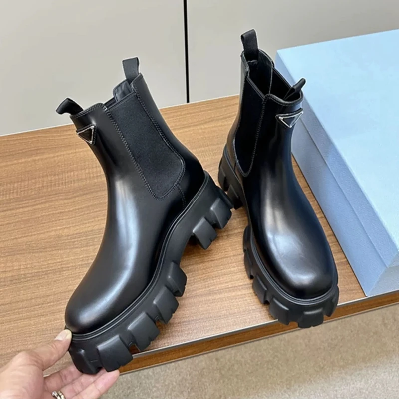 Botas-Chelsea-de-couro-real-para-mulheres-sola-grossa-deslizamento-em ...