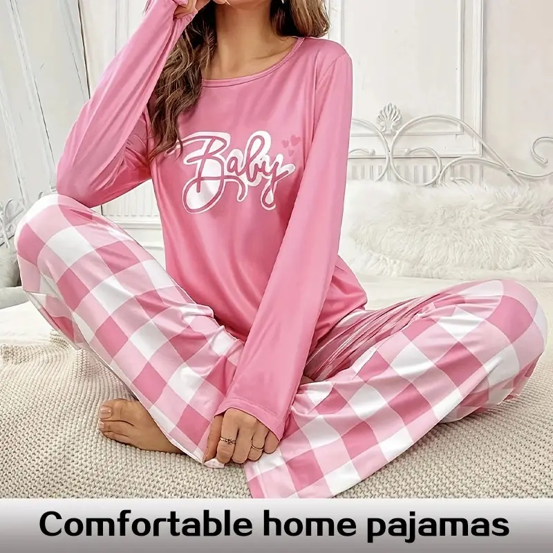 Conjunto-de-Pijama-largo-de-dos-piezas-para-mujer-Top-de-cuello-redondo ...