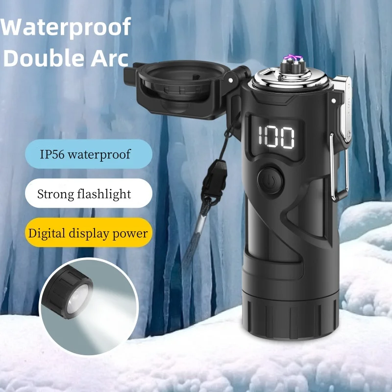 Outdoor-Bright-Flashlight-Electric-Dual-Arc-USB-Lighter-Windproof-Pulse ...
