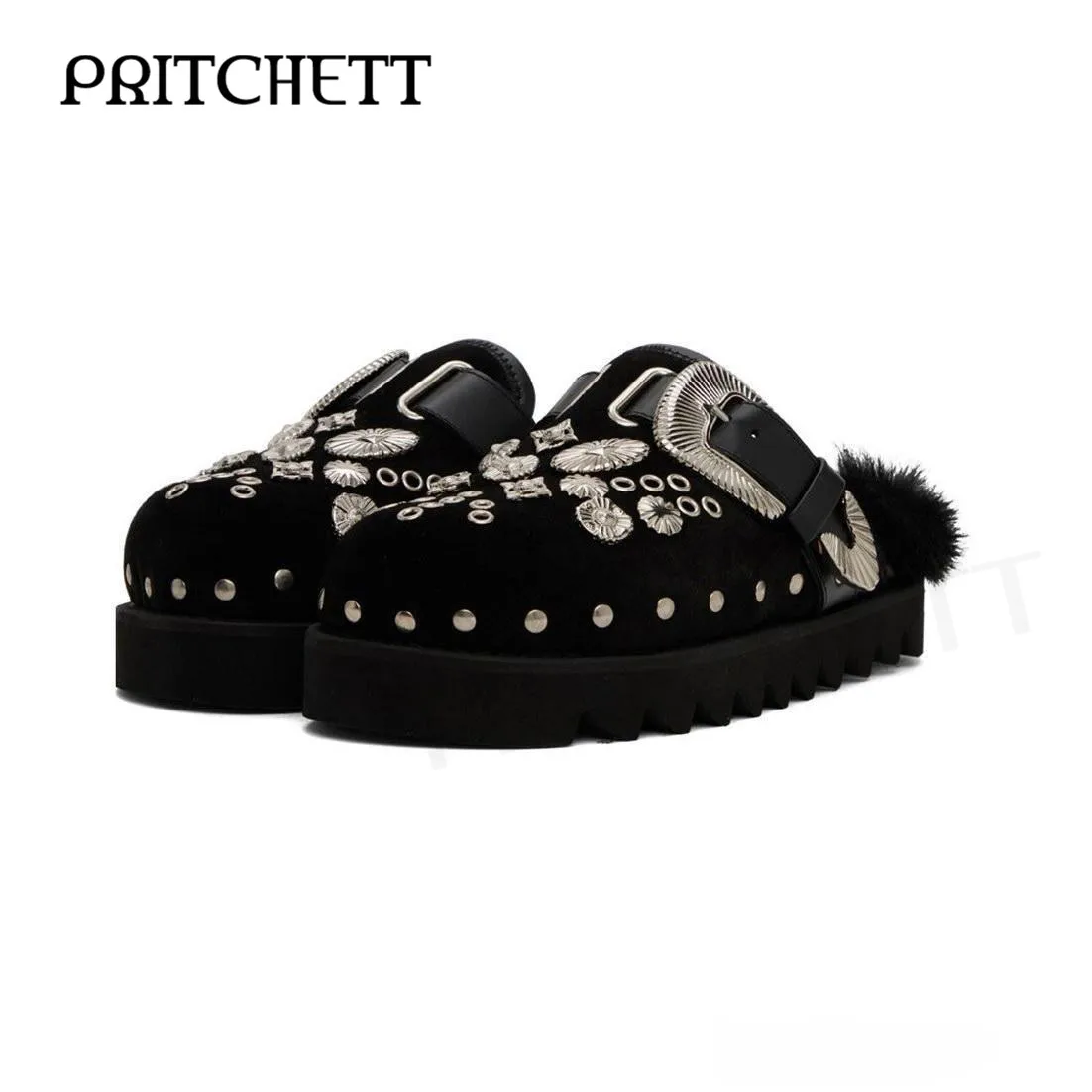 Silver-Iron-Buckle-Rivets-Decorative-Slippers-Round-Toe-Platform-Black ...