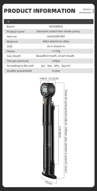 Digital Pressure Gauge ROCKBROS 320PSI Bike Tire & Shock Pump - With ...