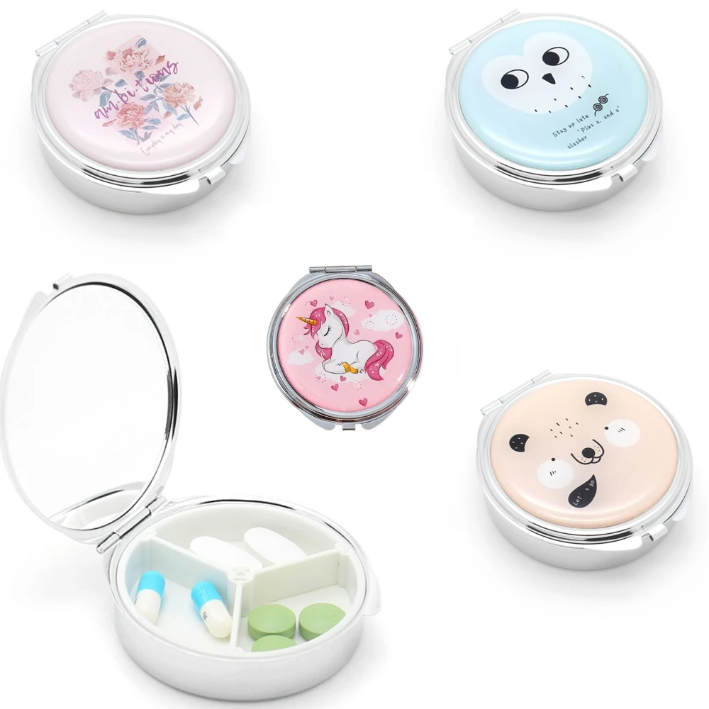 Portable Cute Travel Pill Box With Mirror Metal Round 7 Days Weekly ...
