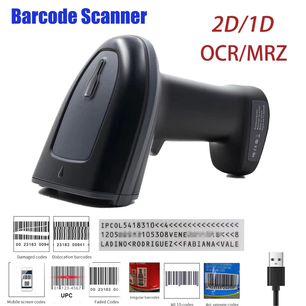 2D/1D OCR Barcode Scanner Handheld Portable Wired USB Reader MRZ PDF417 Data Matrix for Retail ...
