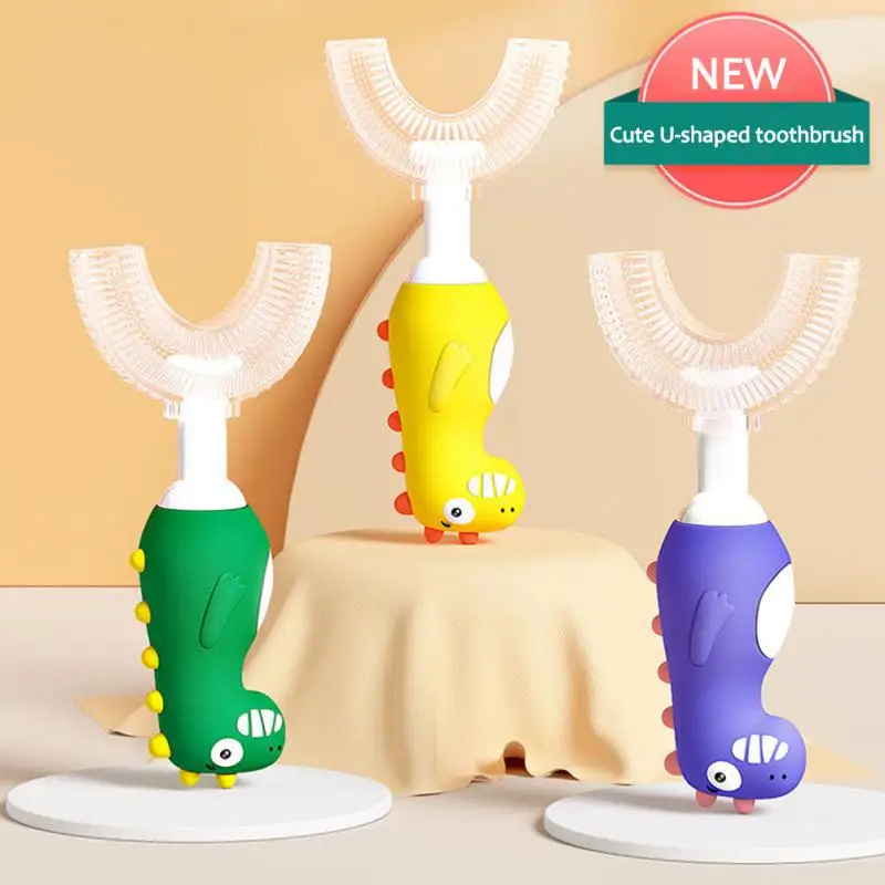 Cartoon Dinosaur Baby Toothbrush Children 360 Degree U-shaped ...