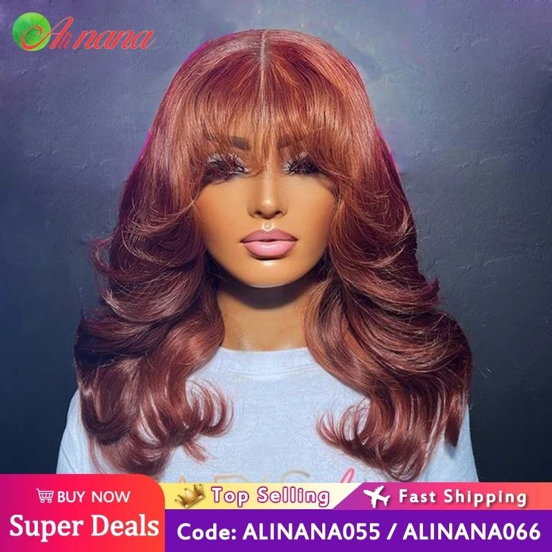 Reddish-Brown-Colored-Body-Wave-With-Bangs-13x6-Lace-Frontal-Wig ...