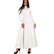 Frauen Langarm Lack leder A-Linie Maxi kleider Party Club Fit und Flare ...