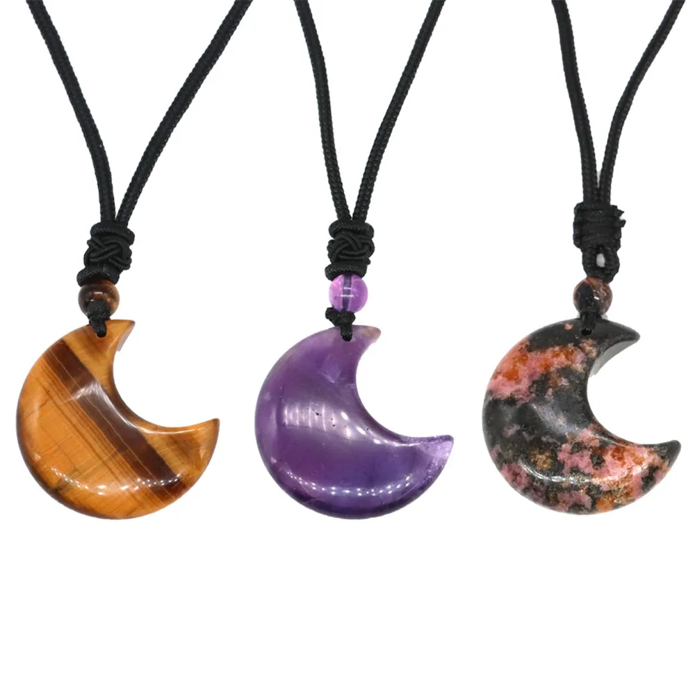 Natural Stone Crystal Crescent Moon Shaped Pendant Necklace Amethyst ...